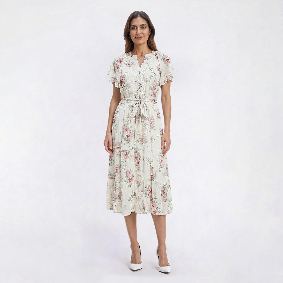 Click here for Womens Luxology Flutter Sleeve Floral Tier Midi Dr... prices